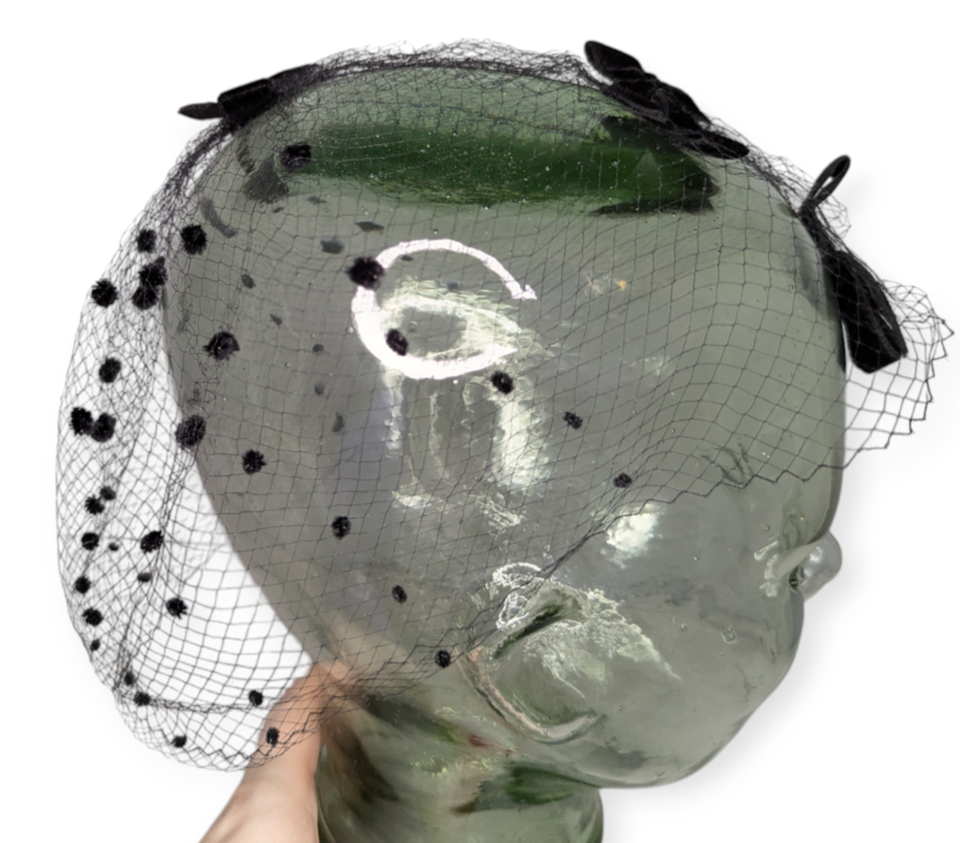 Vintage Black Net w/Polka Dots & Bows Head Covering One Size Fits Most ...