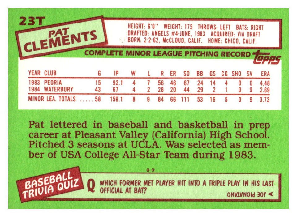 1985 Topps Traded 23T Pat Clements California Angels XRookie Baseball ...