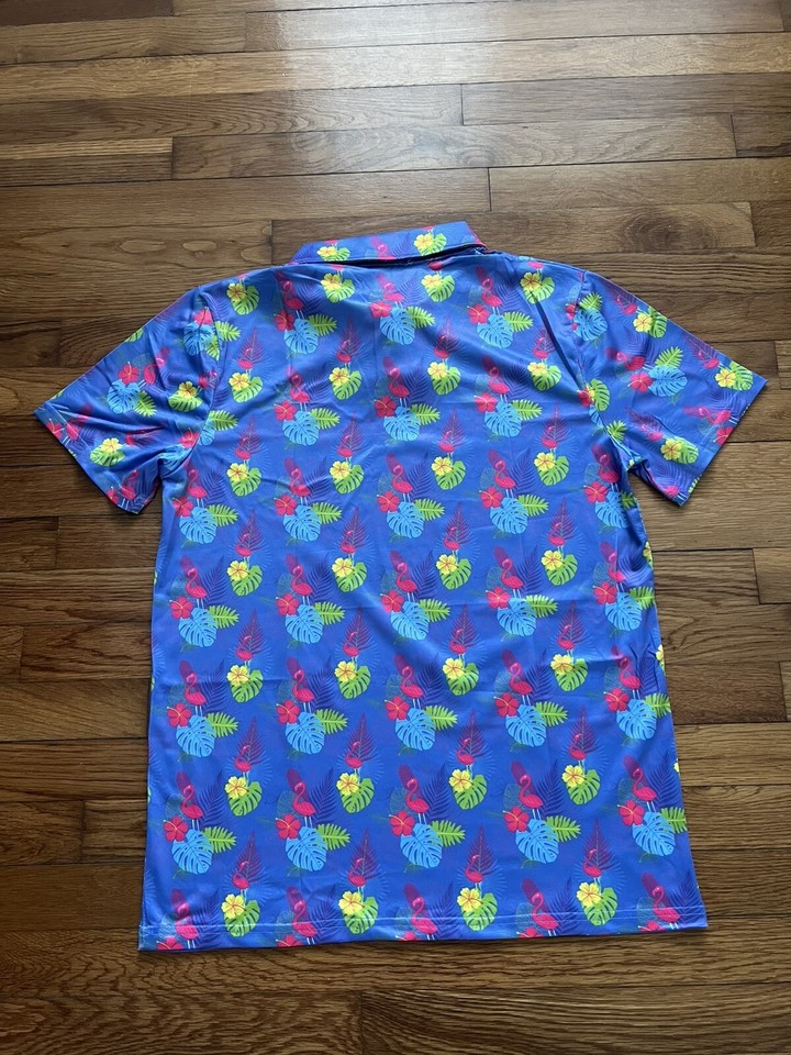Proud 90 Golf Polo Shirt Men's Blue Floral Flamingo Stretch Short ...