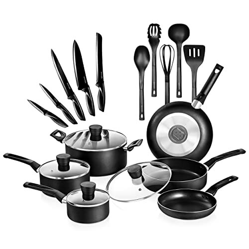 SereneLife SLCW20BLK 20-Piece Set Kitchenware Pots & Pans Basic Kitchen ...