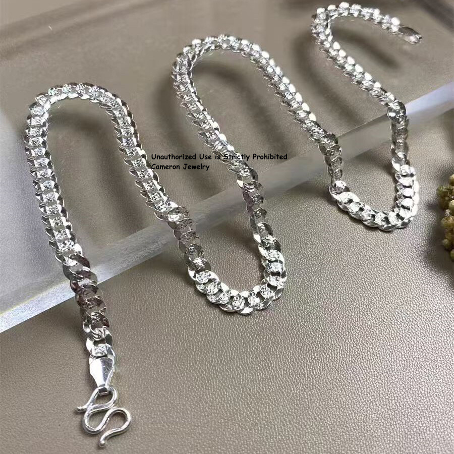 Pure S999 Fine Silver 999 Chain Men Women 4-8mm Shiny Curb Link ...