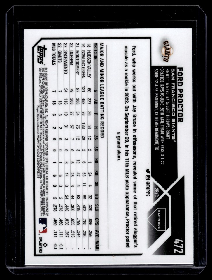 Ford Proctor 2023 Topps Chrome Sapphire Edition Baseball Rookie Card ...