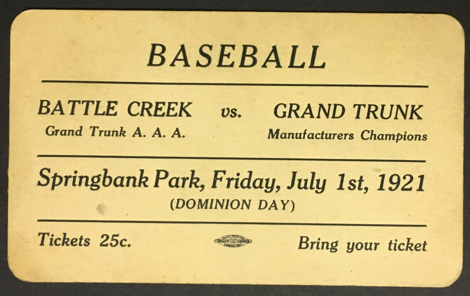 1921 Baseball Admission Pass Ticket Springbank Park Battle Creek v ...