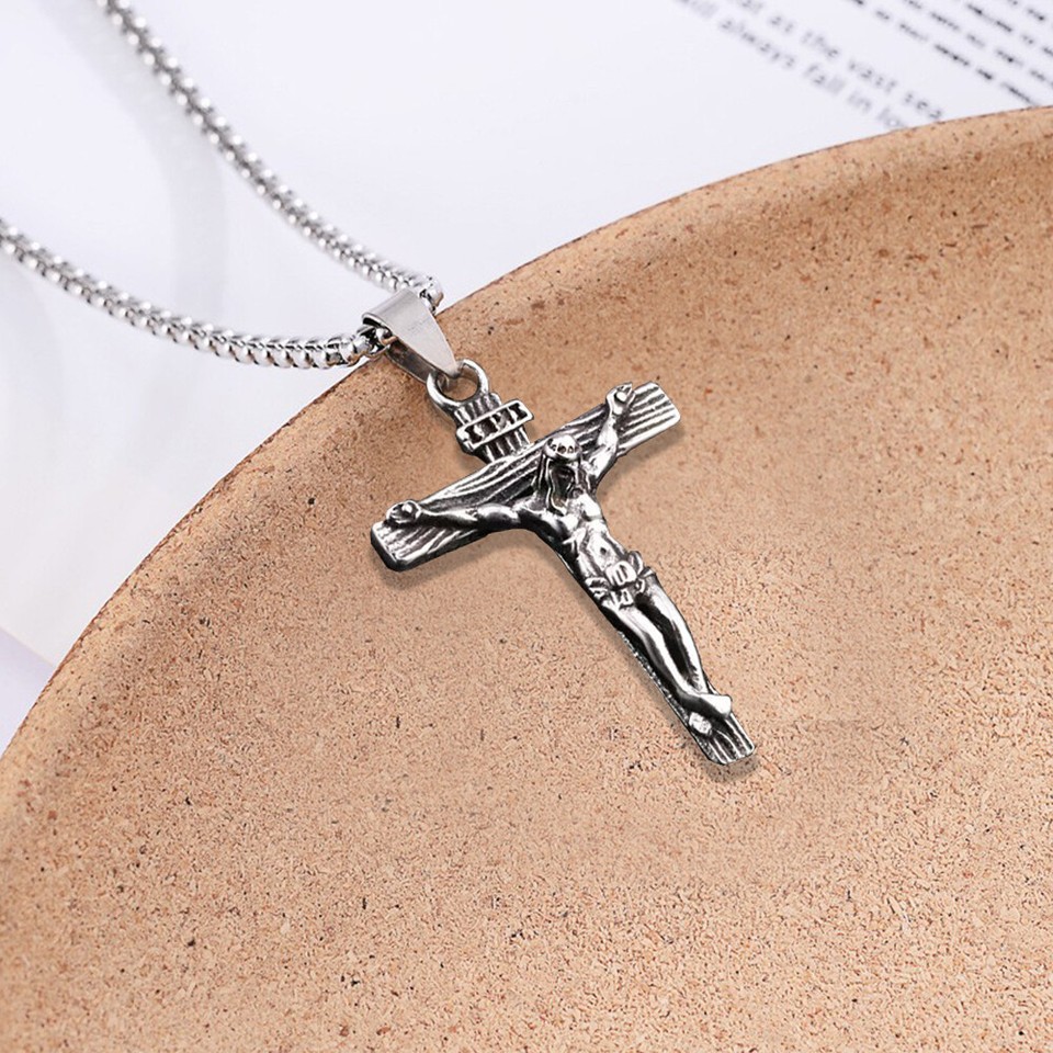 Men Stainless Steel Jesus Christ Crucifix Cross Pendant Chain Necklace ...