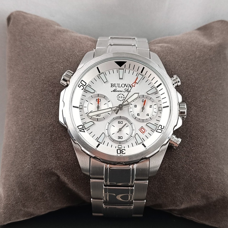 Bulova Marine Star Chronograph 96B255 White Dial Stainless Steel Men's ...