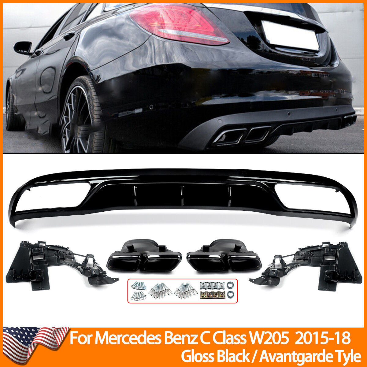 Rear Bumper Diffuser Lip W/Tips For Mercedes Benz W205 C300 C200 Sedan ...
