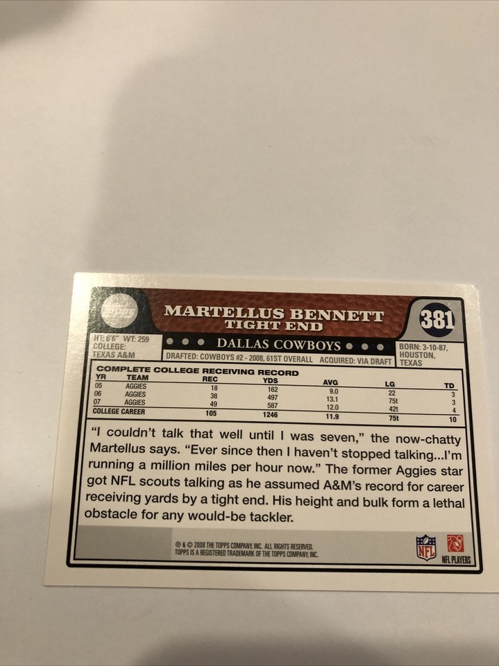 2008 Topps Rookie Marcellus Bennett Card 381 | eBay