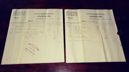 Lot of 2 Historical Document Receipt Galvin Hardware Co 1937 Leominster ...