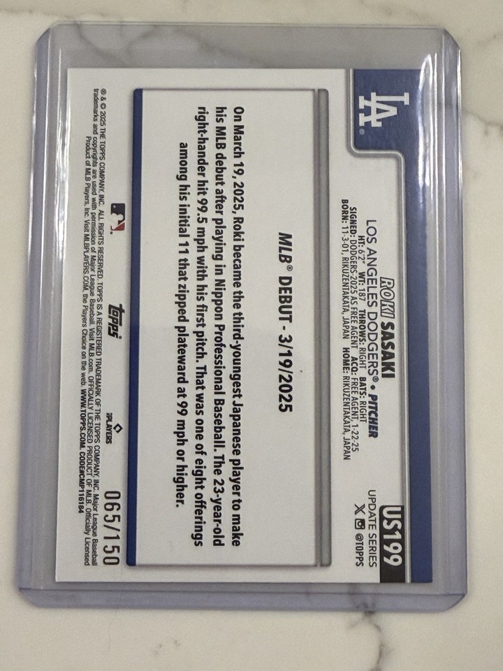 ROKI SASAKI Rookie Debut Blue Foil /150 Dodgers #US199 - 2025 Topps ...