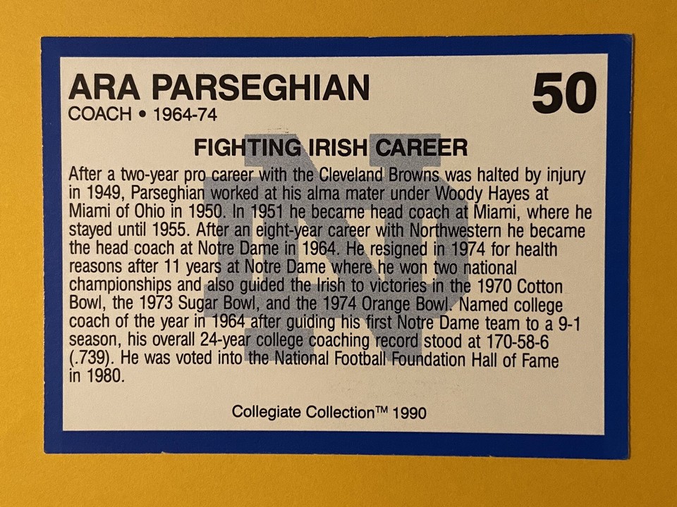 ARA PARSEGHIAN Dec CF HOF Signed 1990 Collegiate Collection Notre Dame ...
