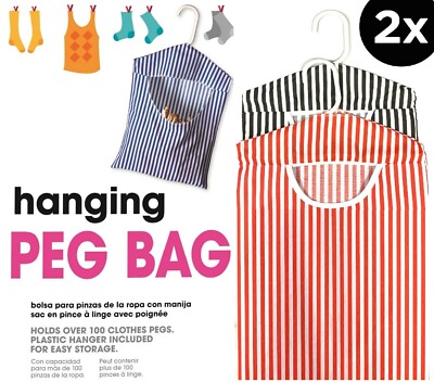 2 Pcs Laundry Peg Bag & Clothes Line Hanger Hooks Basket Bucket Storage ...
