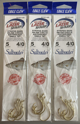 3 Packs Eagle Claw Lazer Sharp Inline Snelled Striped Bass Hooks 4/0 Saltwater | eBay