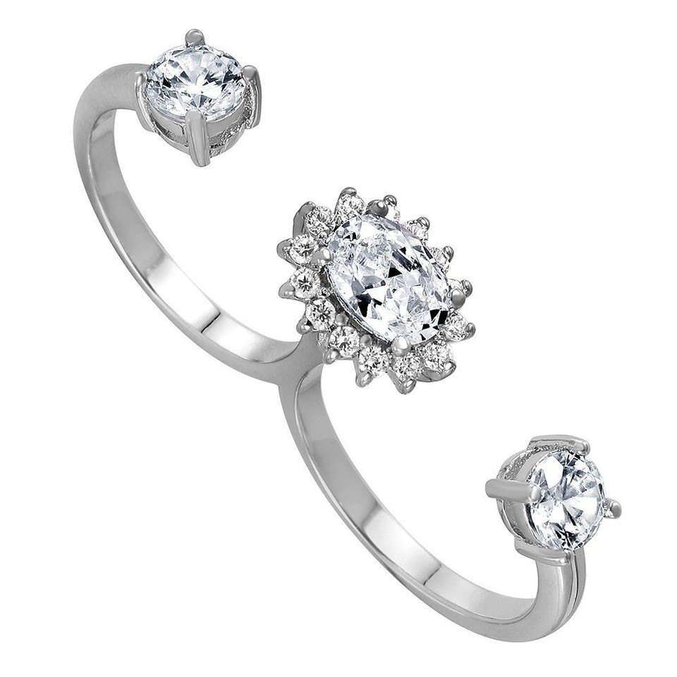 925 STERLING SILVER DOUBLE FINGER RING W/ LAB SIMULAT DIAMONDS/ SIZE 5 ...