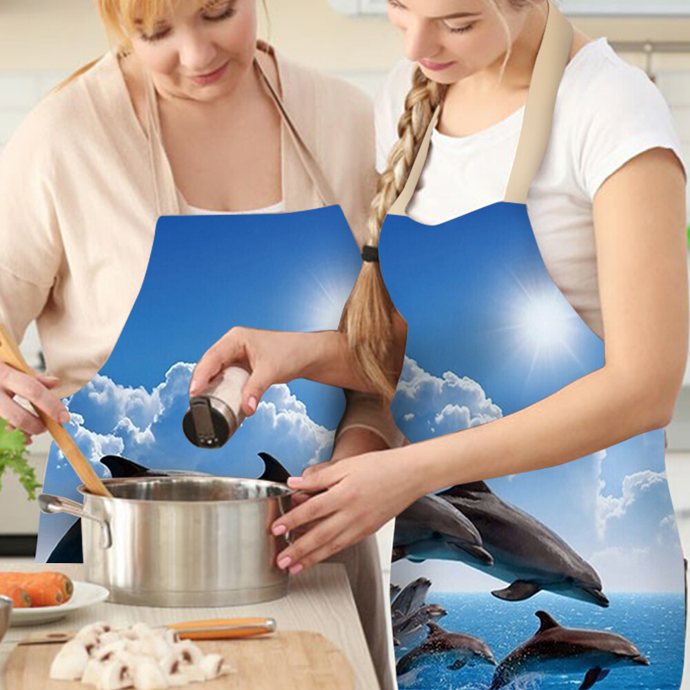Dolphin Printed Linen Apron Waterproof Kitchen Chefs Cooking Pinafore ...