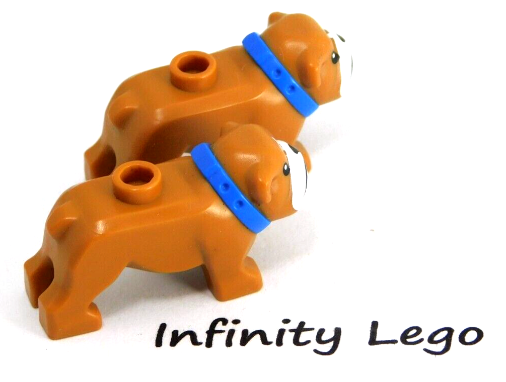 2 LEGO Bulldog Dogs Minifig Animal Dark Medium Dark Flesh with Blue ...