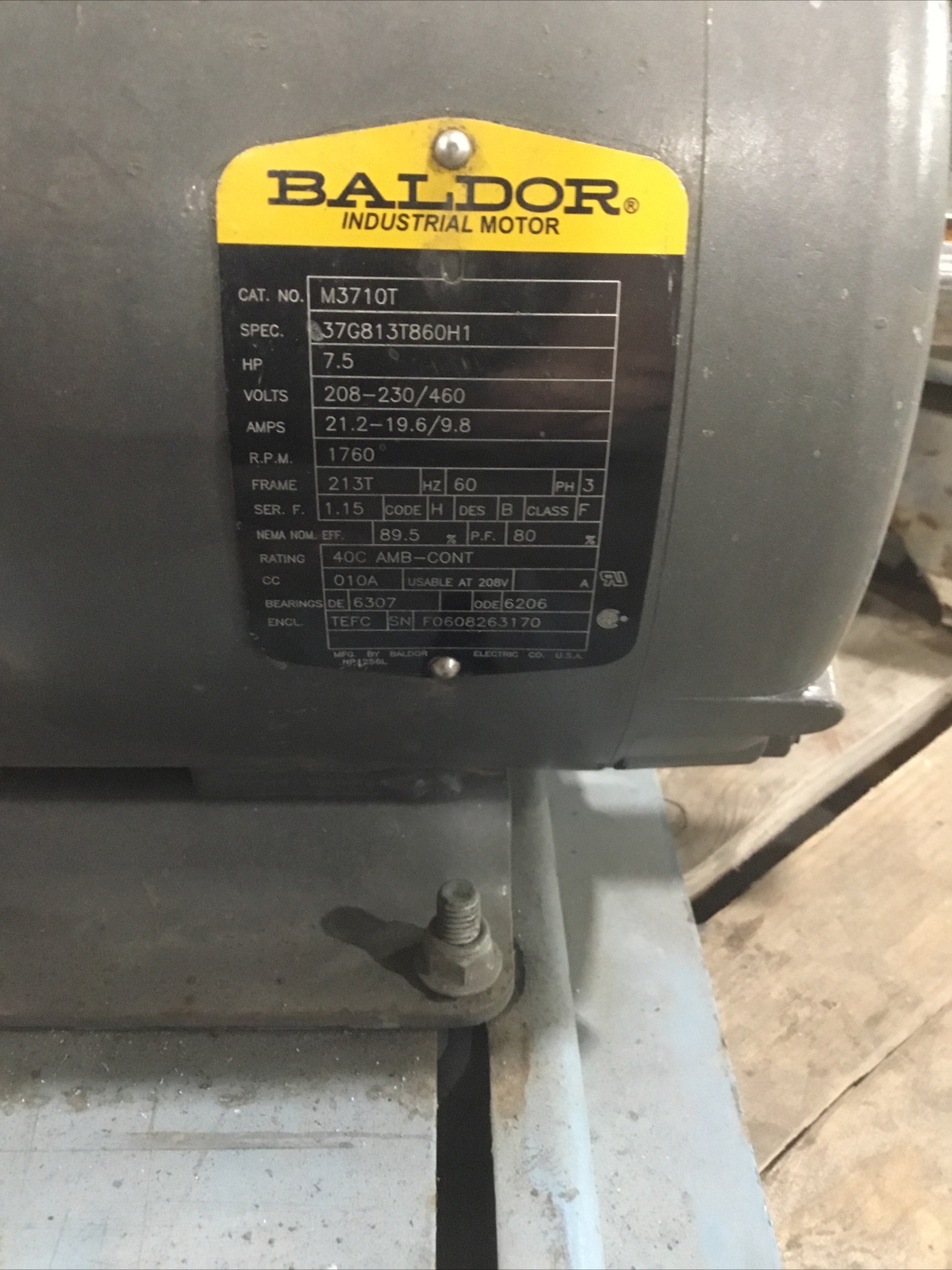 Baldor M3710T 3 Phase Motor 7.5 HP 1725 RPM 213t Frame for sale online ...