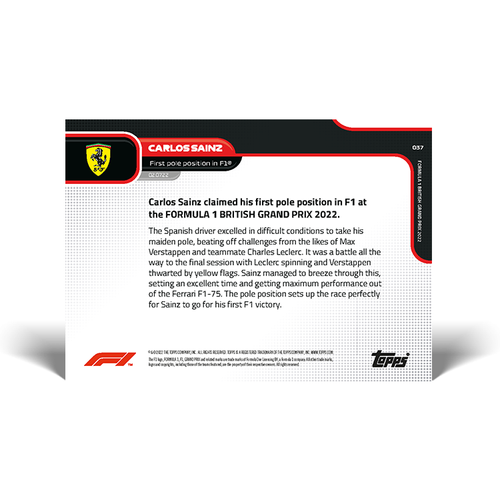 Carlos Sainz Ferrari 2022 Topps Now Formula 1 F1 Card #37 First Pole ...