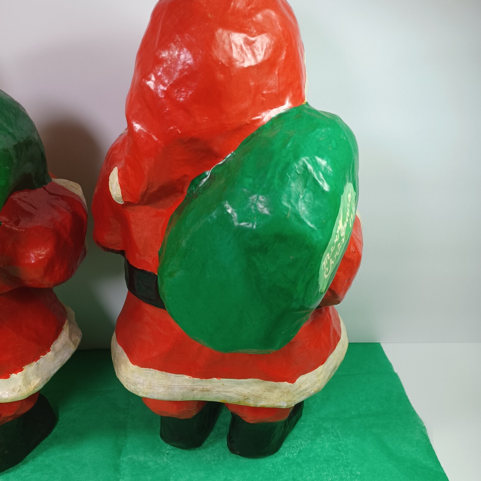 Vintage Paper Mache Santa Claus Pair Red Suit Candy Cane Trim Sack 12.5 ...