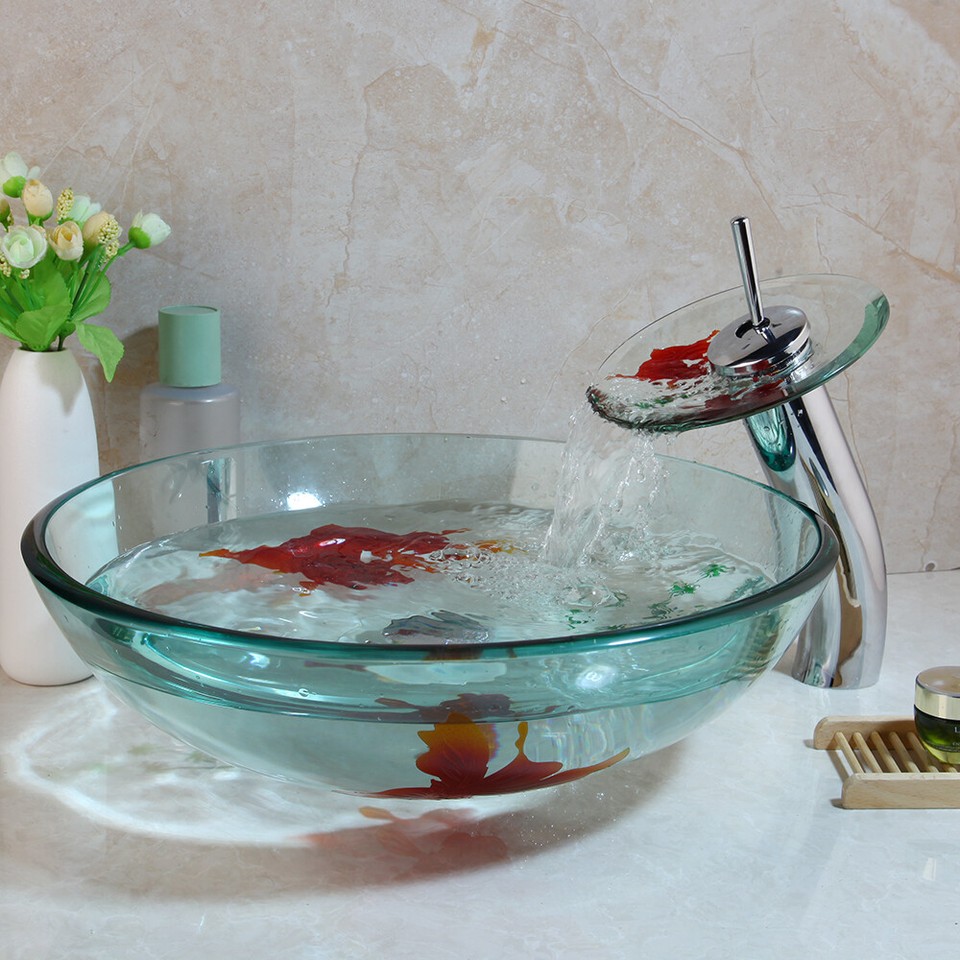 RE Bathroom Art Hand Painting Gold Fish Glass Basin Vanity Vessel Sink ...