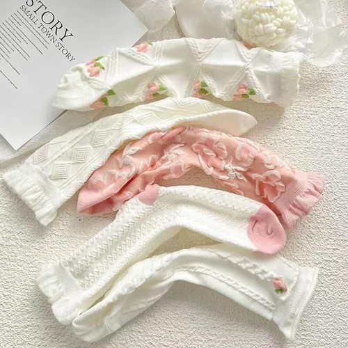 5 Pairs White Cute Socks, Women's Lace Ruffles Ankle Casual Cottage ...