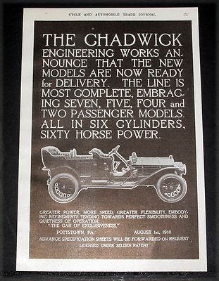 1910 OLD MAGAZINE PRINT AD, THE CHADWICK TOURING CAR, GREATER POWER ...