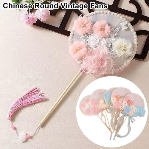 1Pcs Long Handle Chinese Round Fans Retro Style Fan Brides Wedding ...