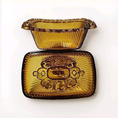 Vintage Open Lace Amber Indiana Glass Rectangle Candy Dish Pedestal ...