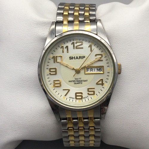 Vintage Sharp Watch Men Gold Tone 35mm Day Date Stretch Band New ...