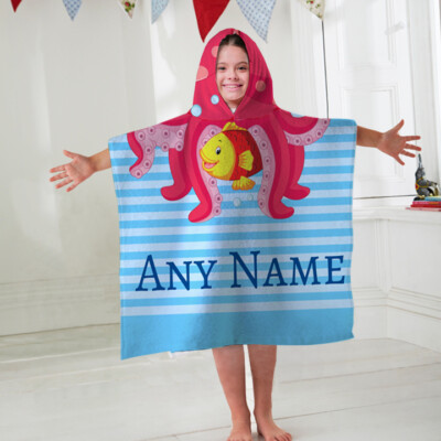 Kids Personalised Hooded Towel Poncho Octopus Fish Childrens Bathrobe ...