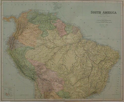 1902 ANTIQUE 25 inch MAP NORTHERN SOUTH AMERICA VENEZUELA BOLIVIA PERU ...
