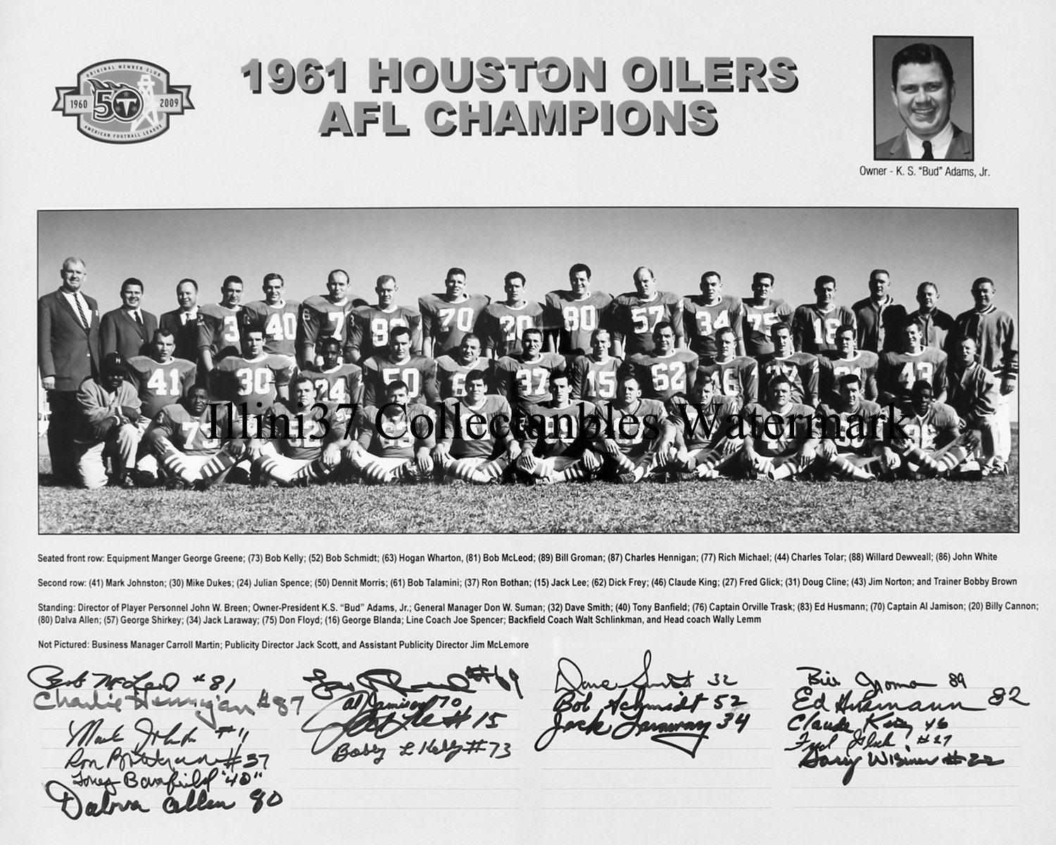 1961 HOUSTON OILERS AFL CHAMPIONS 8X10 TEAM PHOTO PICTURE BLANDA BILLY ...