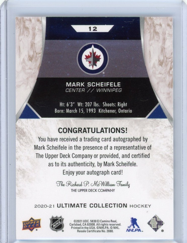 2021-22 Upper Deck Ultimate Mark Scheifele Gold Autograph #d 6/15 ...