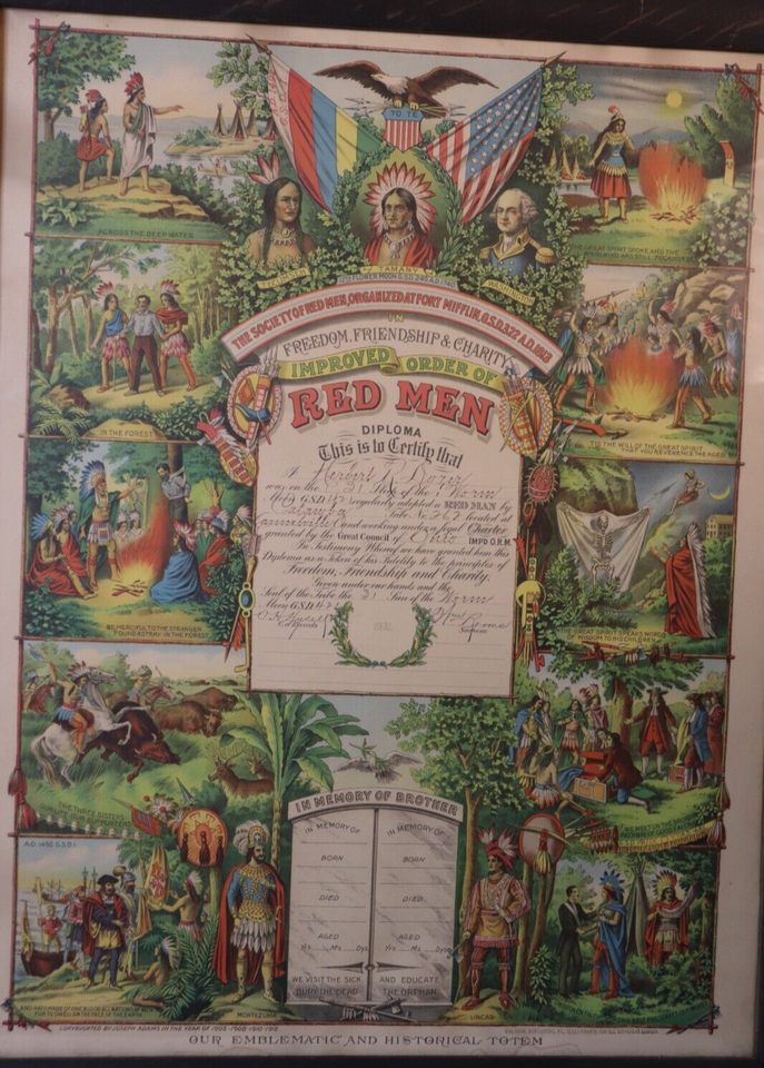 Antique Improved Order Red Men of the World 1912 Lithograph Diploma ...