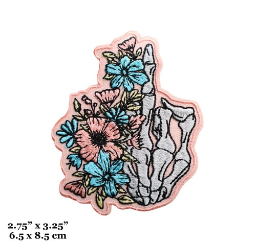 Skeleton Hand Middle Finger FU Flowers Skull Punk Pink Embroidered Iron ...