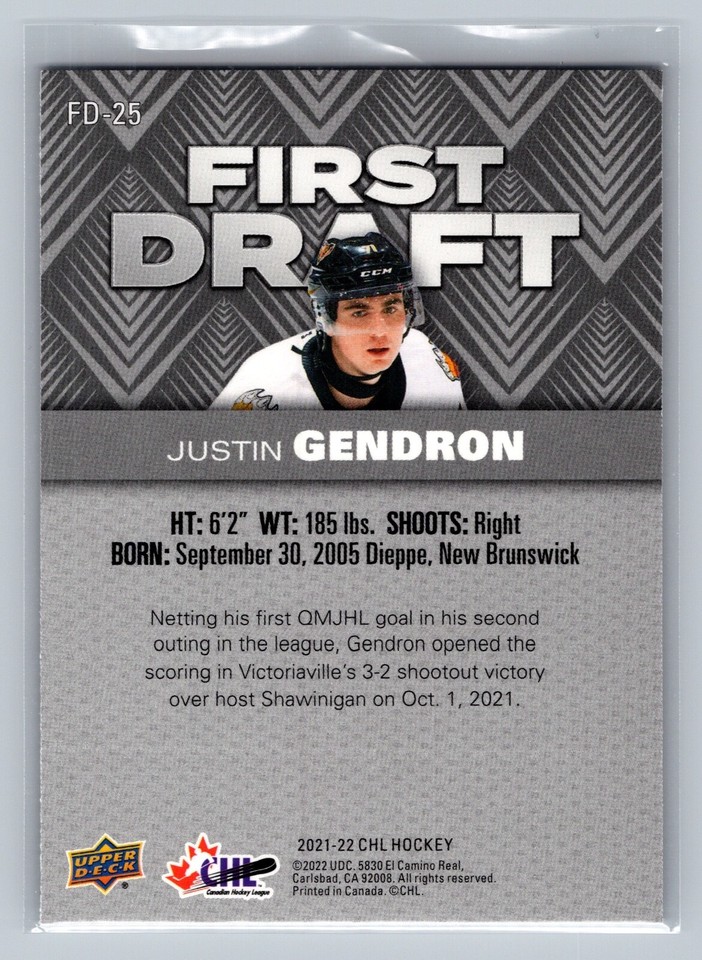2021-22 Upper Deck CHL First Draft Justin Gendron #FD-25 | eBay