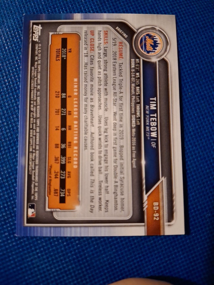 2019 TIM TEBOW BOWMAN DRAFT BASEBALL ROOKIE CARD RC #BD-92 NY METS ...