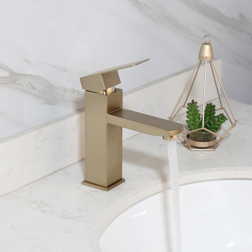 Bathroom Brushed Gold Sink Mixer Brass Taps Square Single Handle Deck ...