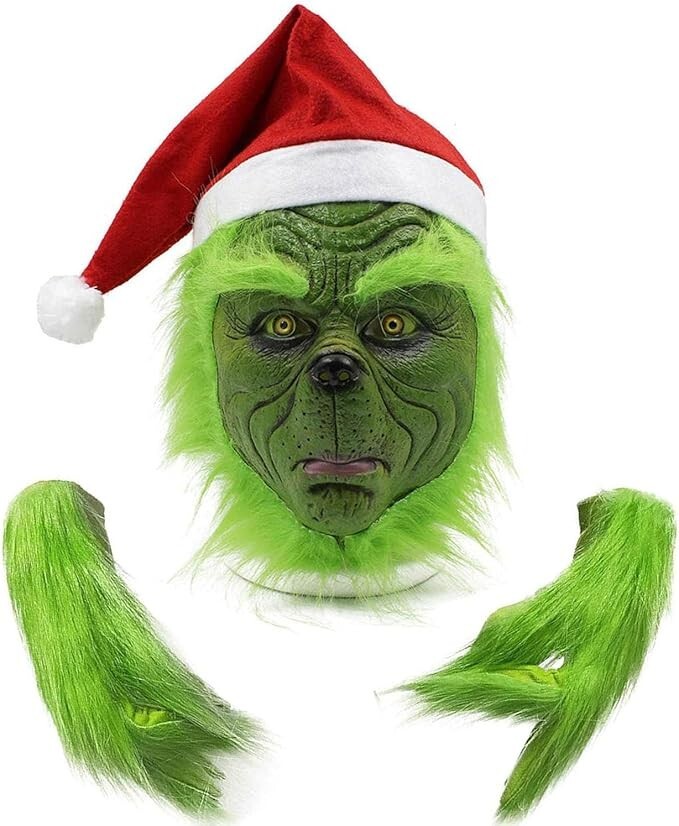 Christmas Gremlin Grinch Green Latex Mask with Gloves Xmas Hat | eBay