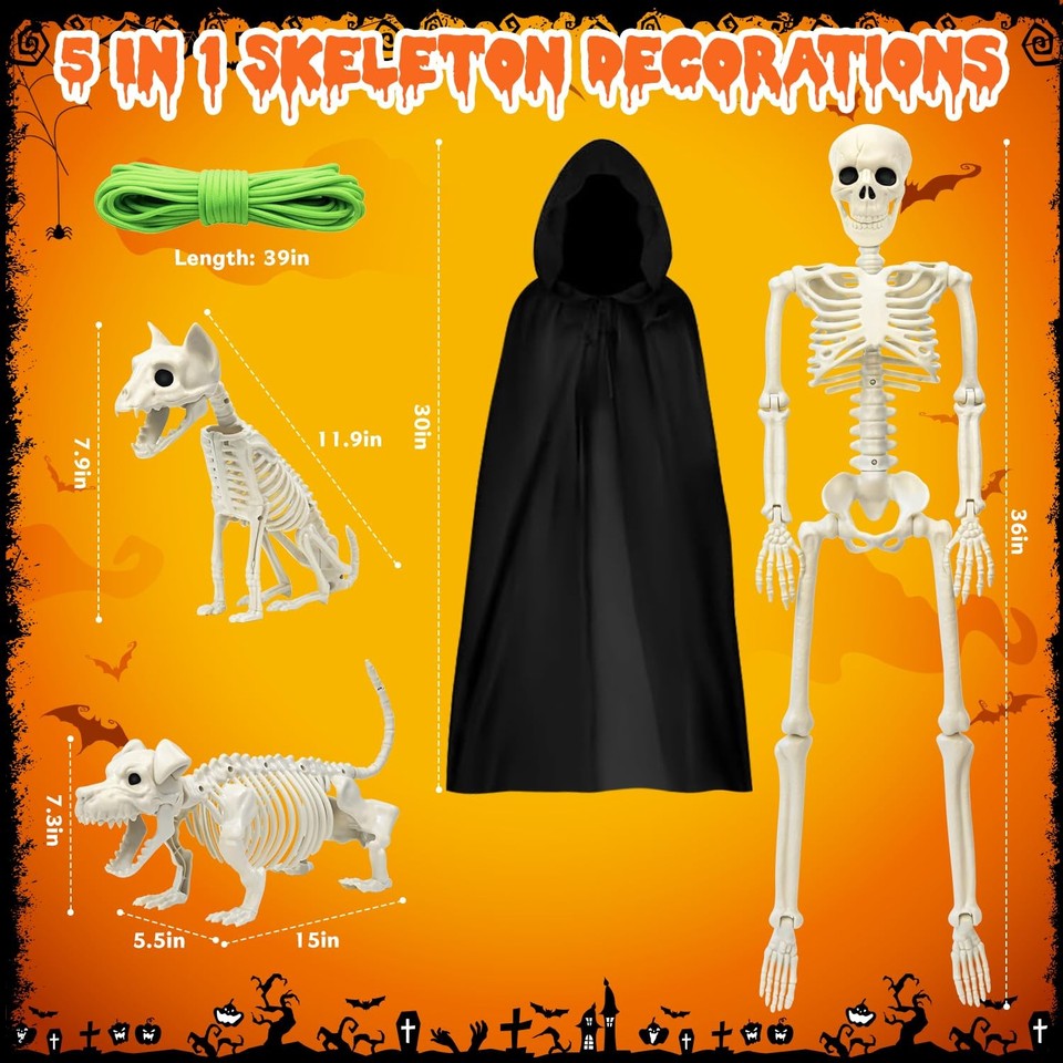 36" Skeleton Halloween Decorations, 3FT Posable Skeleton with Dog & Cat ...
