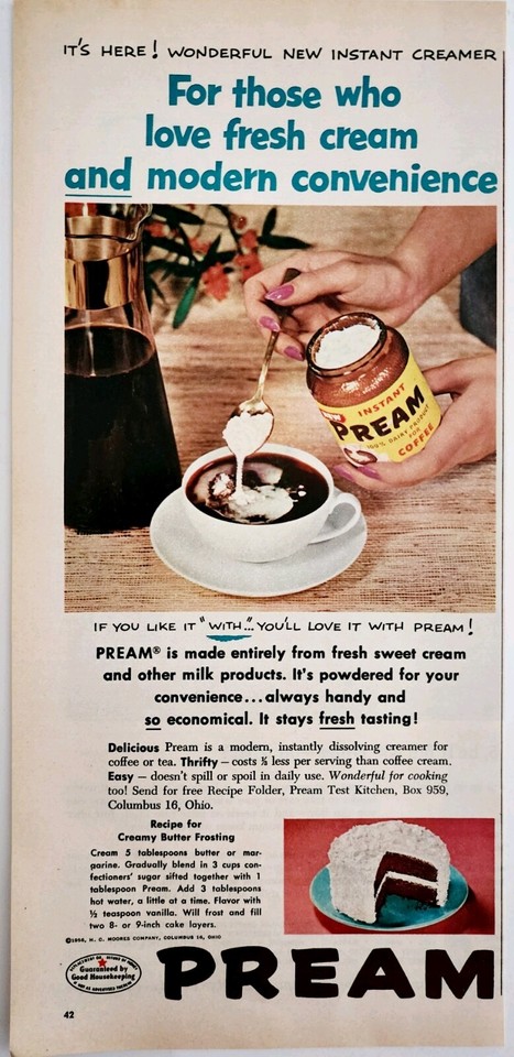 1956 Pream Dairy Coffee Creamer Advertisement Drink Mix Frosting Recipe ...