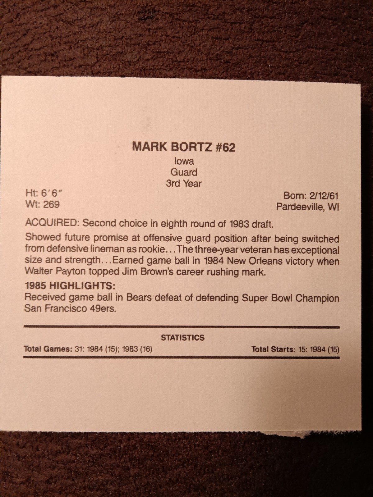 1985 McDonald's Chicago Bears #62 Mark Bortz Card | eBay