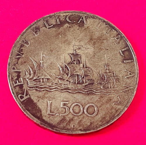 1960 Repvbblica Italiana R L.500 Lire .835 SILVER COIN Columbus Ships ...