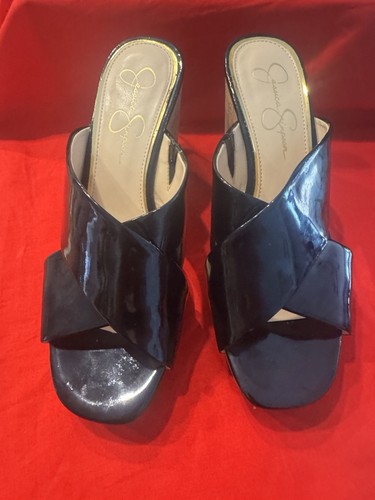 Sexy Jessica Simpson Black patent Wedge Slip OnCross Strap Sandals ...