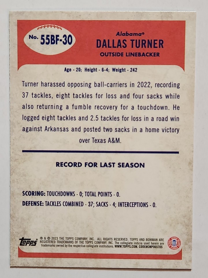 2023 Bowman Chrome University 1955 Retro #55BF-30 Dallas Turner ...
