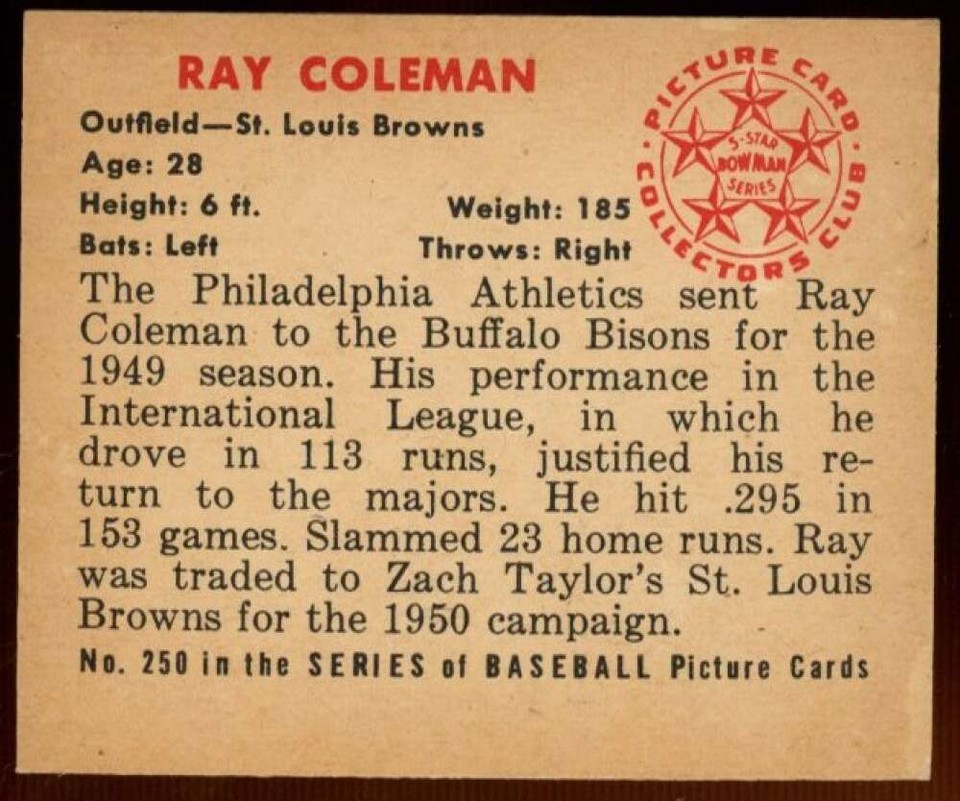 1950 Bowman #250 Ray Coleman EX+ RC Rookie ERR: No Copyright 73091 | eBay