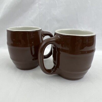 2 Vintage Hall USA Barrel Mug 536 Brown Stoneware Heavy Coffee Tea Made ...