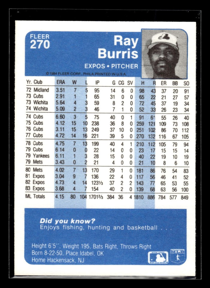 1984 Fleer Baseball #270 Ray Burris Set Break Mint+ Montreal Expos | eBay