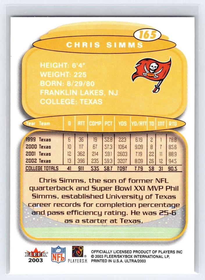 CHRIS SIMMS 2003 Fleer Ultra Football ROOKIE Card #165 Tampa Bay ...