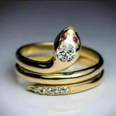 1Ct Diamond Simulated Snake Wedding Band Ring Real 14K Yellow Gold ...