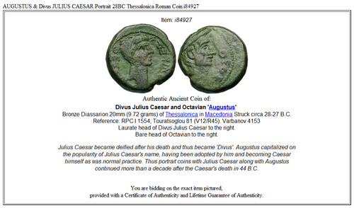 AUGUSTUS & Divus JULIUS CAESAR Portrait 28BC Thessalonica Roman Coin ...